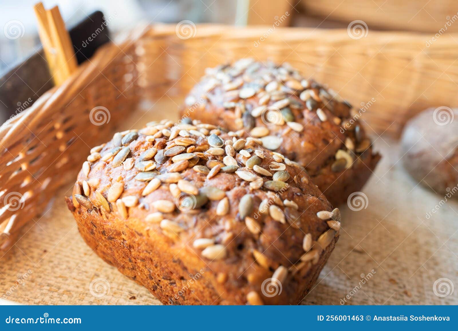 Ready-made Artisan Bread with Seeds on the Counter in a Small Bakery ...