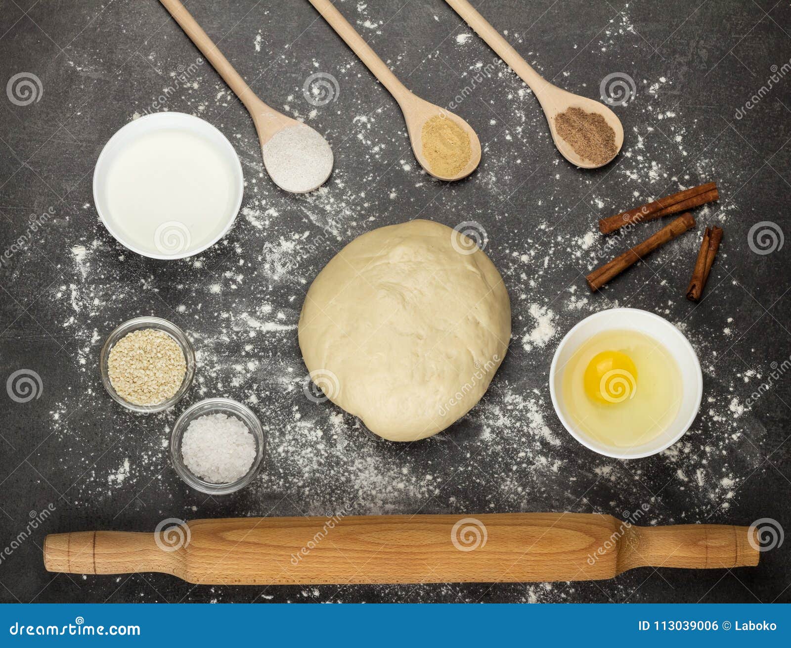 Ready-made Dough Lump, Rolling Pin, Spoons with Spices, on Gray Surface ...