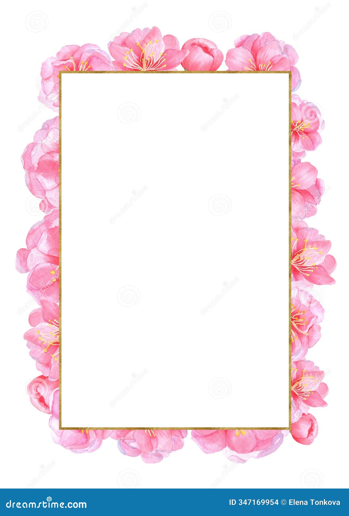 Ready-made Postcard with Rectangular Golden Frame and Pink Sakura ...