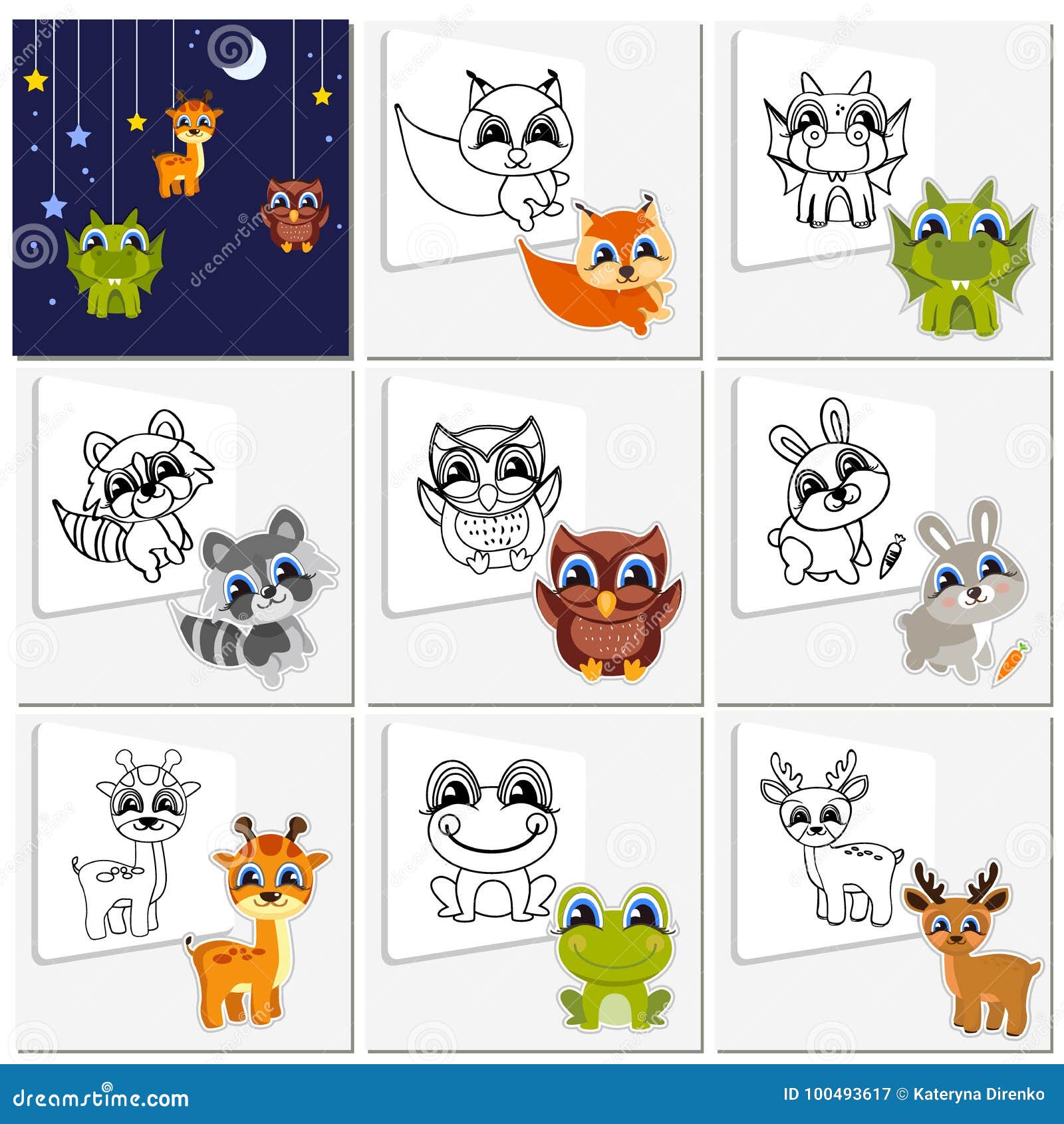 Ready-made Solution Coloring Book Set Cheerful Animals Stock Vector ...