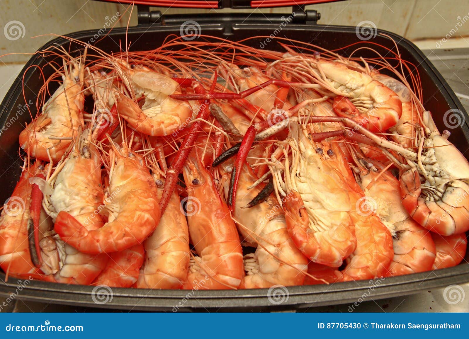 Ready Streamed Large Fresh Prawns in Pan. Stock Photo - Image of meal ...