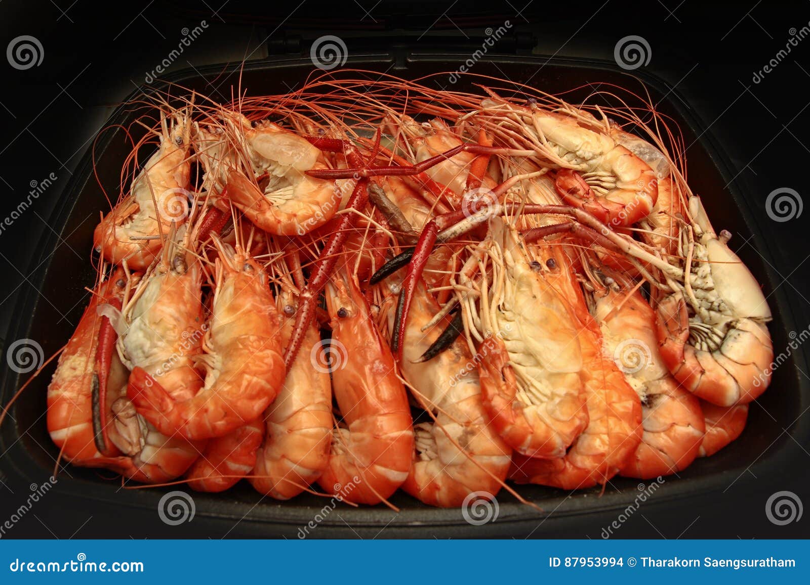 Ready Streamed Large Fresh Prawns in Pan. Stock Photo - Image of large ...