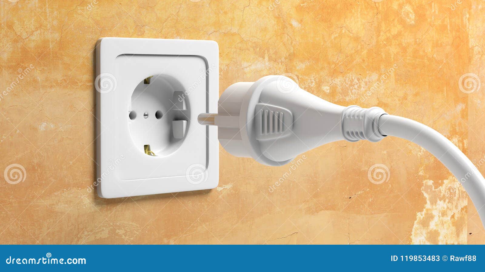 White Electric Socket and Power Plug on Yellow Wall. 3d Illustration ...