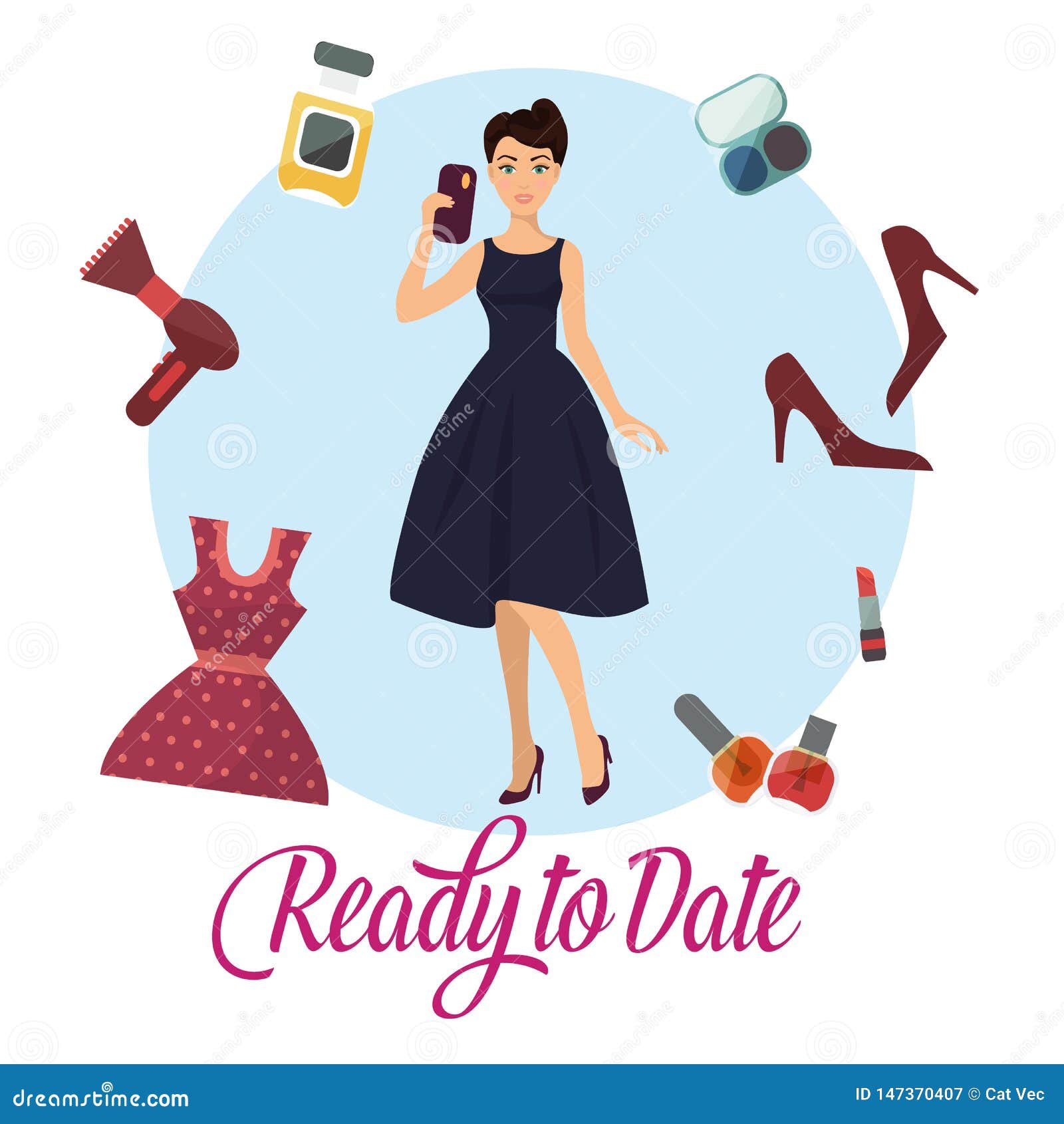 Ready To Date Banner Vector Illustration. Woman in Elegant Dress ... Ready To Date Banner Vector Illustration. Woman in Elegant Dress ...