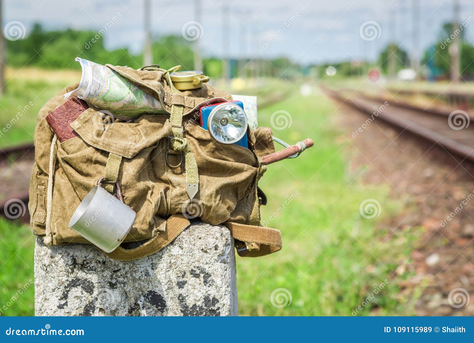 Ready To Go Backpack with Map, Compass and Diary Stock Image - Image of ...