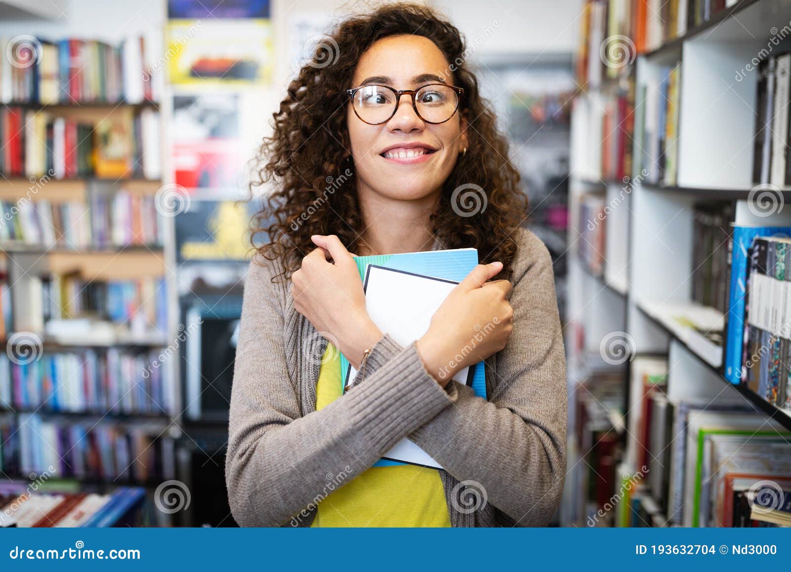 Ready To Study Hard. Happy Nerd Woman in Library. Book Lover. Stock ...