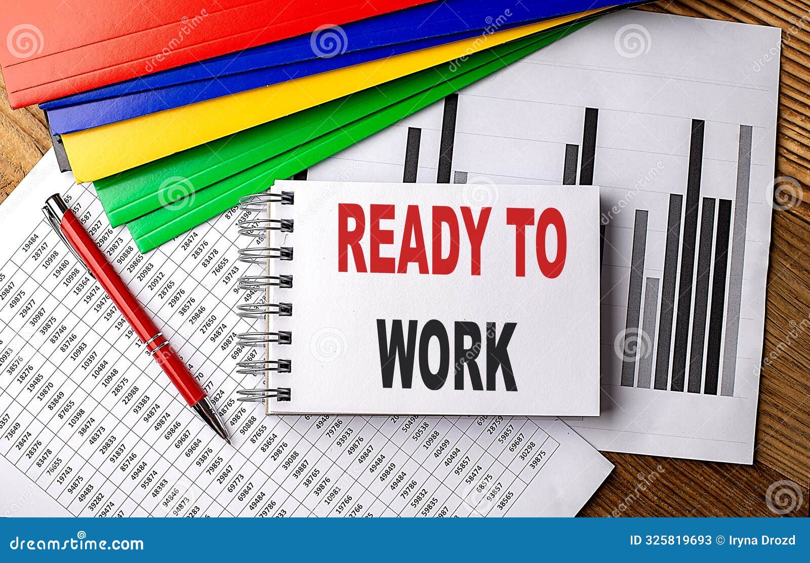READY TO WORK Text on Notebook with Folder on Chart Stock Image - Image ...