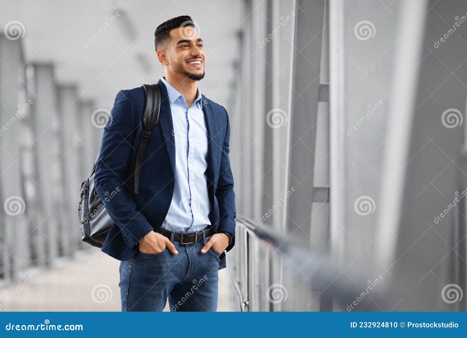 Ready for Trip. Handsome Arab Man with Backpack Standing at Airport ...