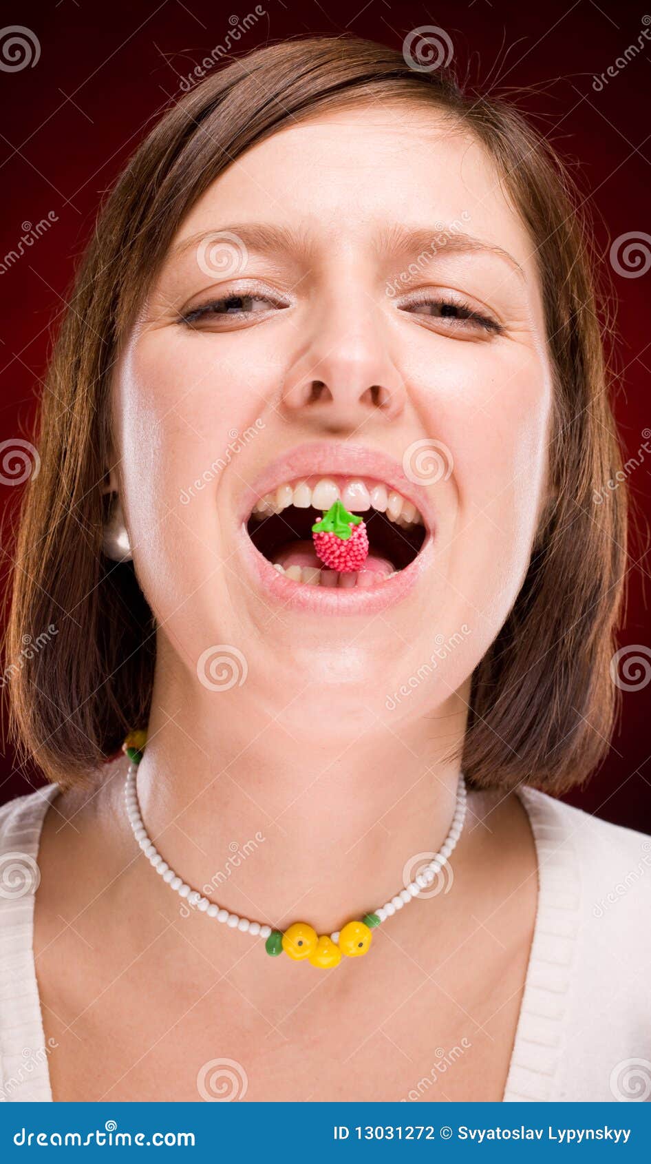 Real Beautiful Young Woman with Raspberry in Lips Stock Photo - Image ...