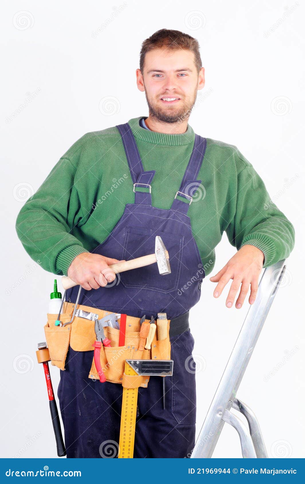 Real Carpenter Standing on a Ladder Stock Photo - Image of shiny ...