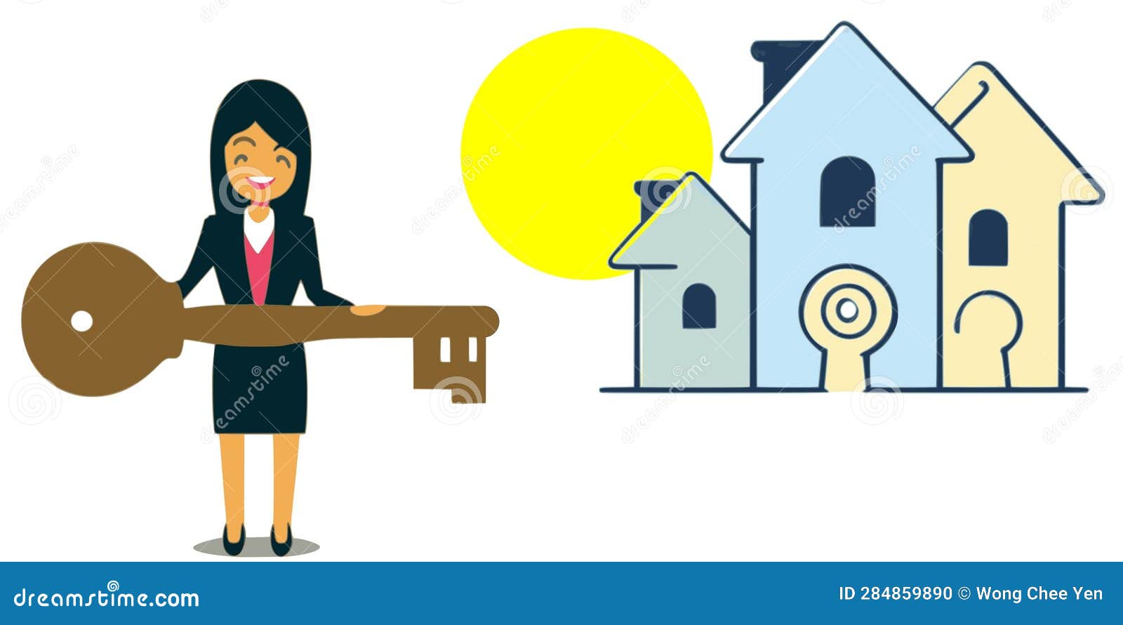 Real Estate Agent Holding Large Key and Houses with Keyhole Vector ... Real Estate Agent Holding Large Key and Houses with Keyhole Vector ...