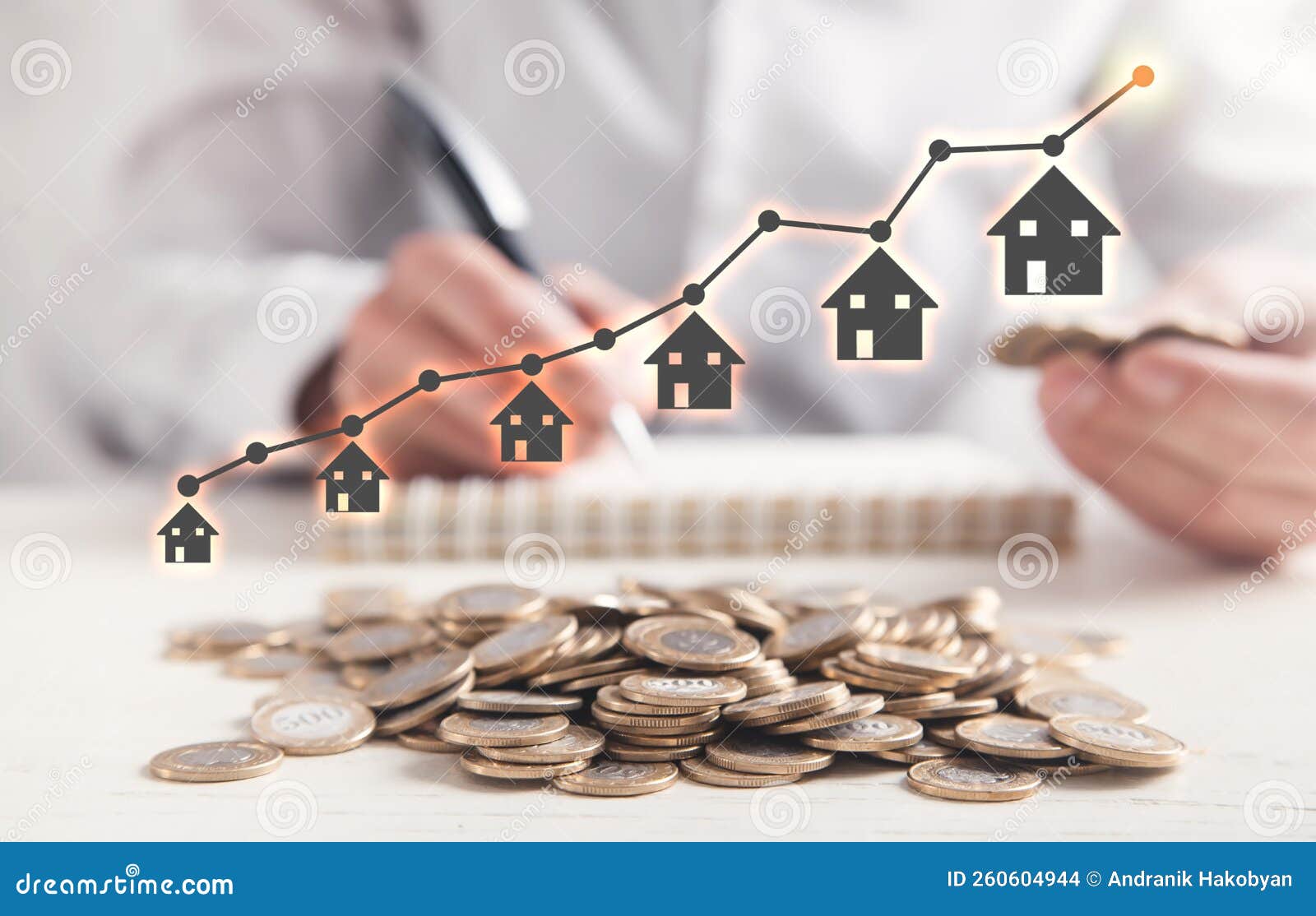 Real Estate Agent Showing House and Stack of Coins. Real Estate Graph ...
