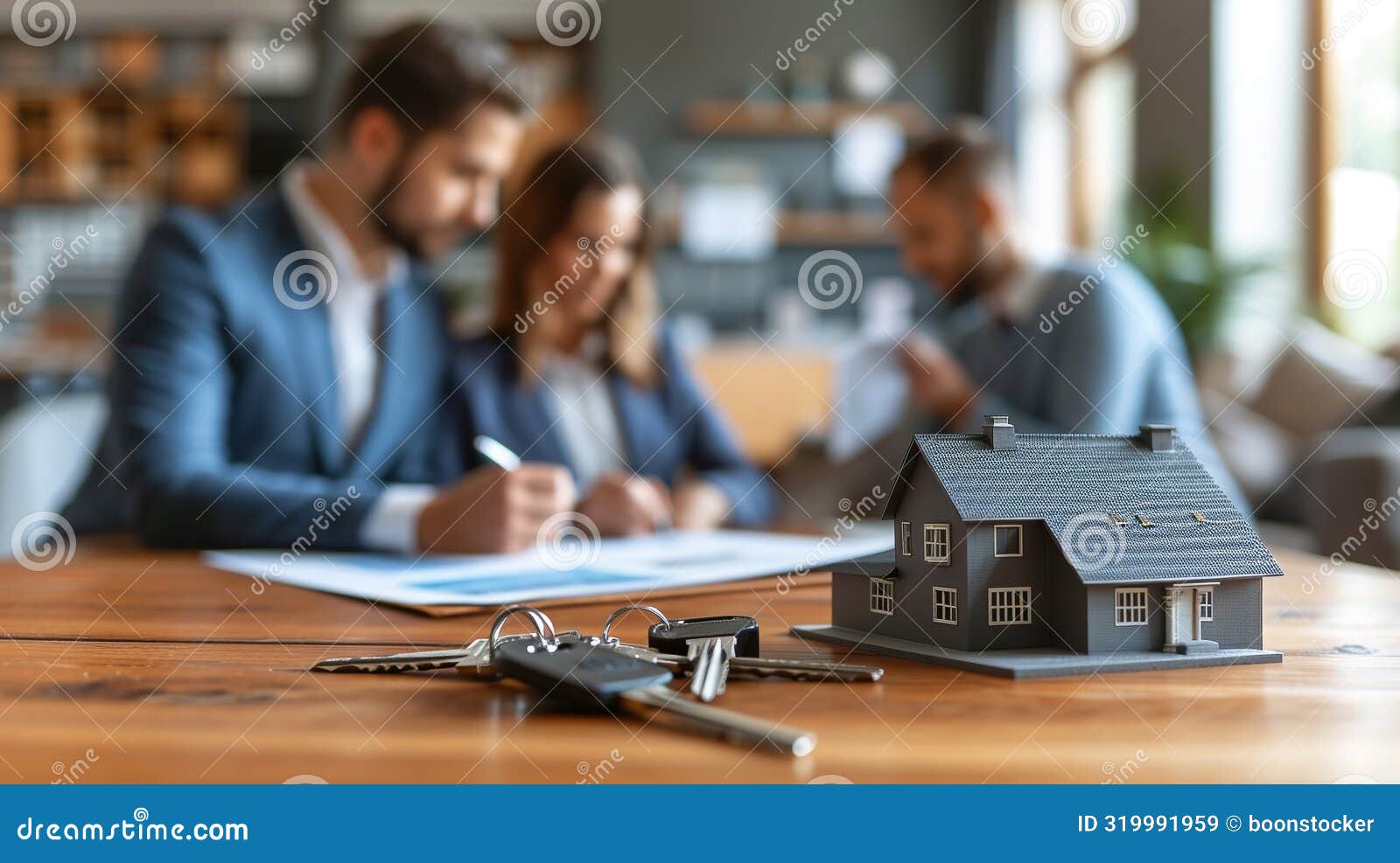 Real Estate Agent Shows a House Model To Customer at Table in Office ...