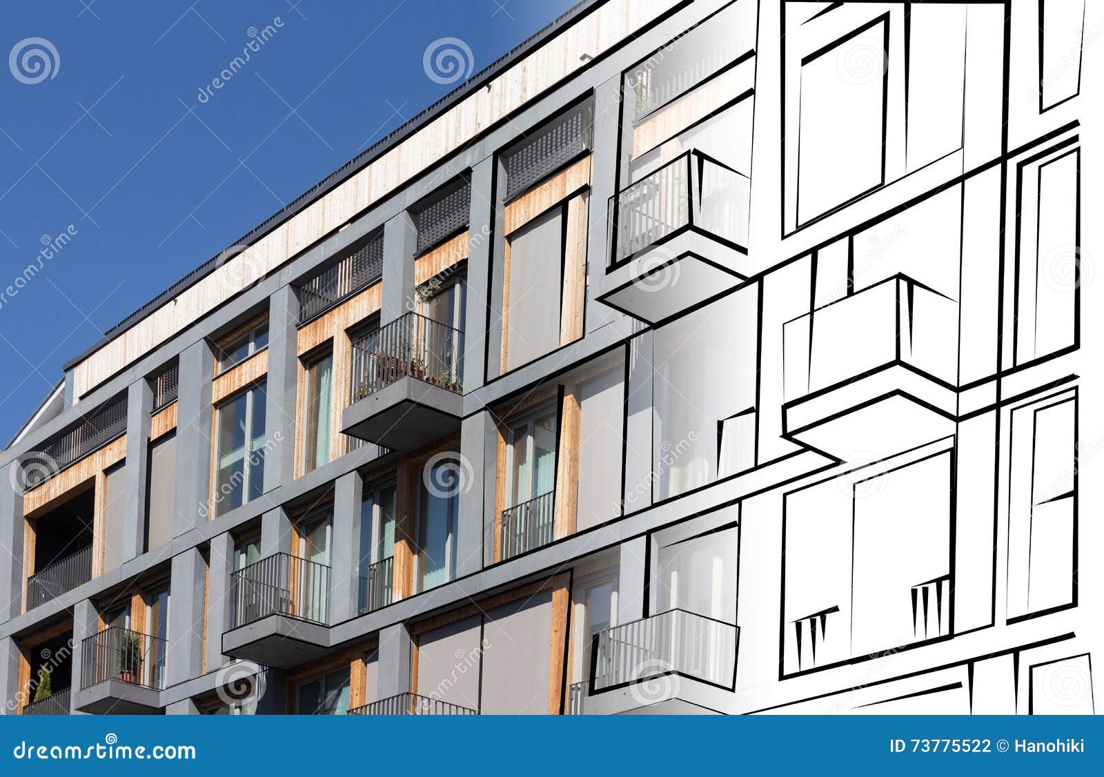 Real Estate Concept - Modern Building Facade Drawing Stock Illustration ...