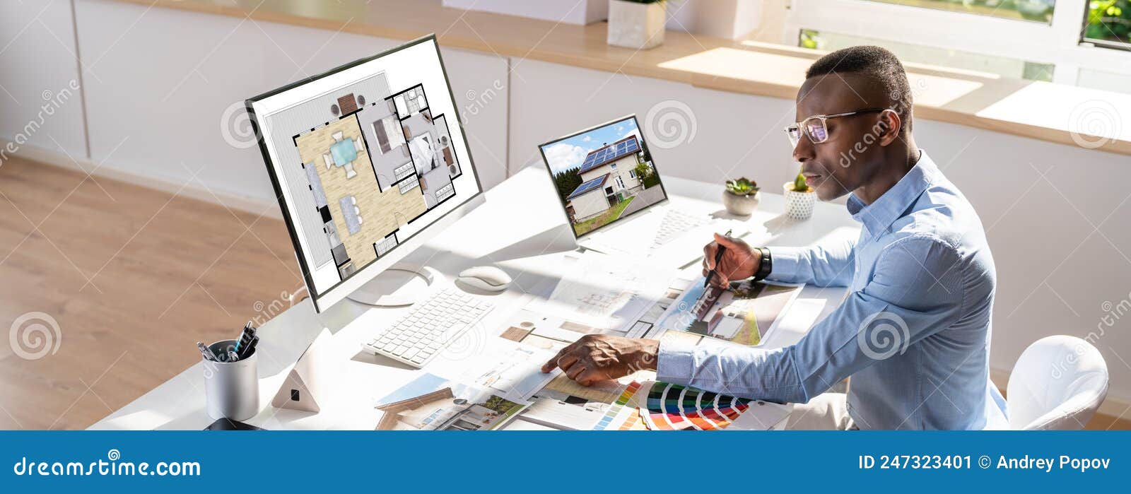 Real Estate Designer Working on Computer Stock Image - Image of desk ...