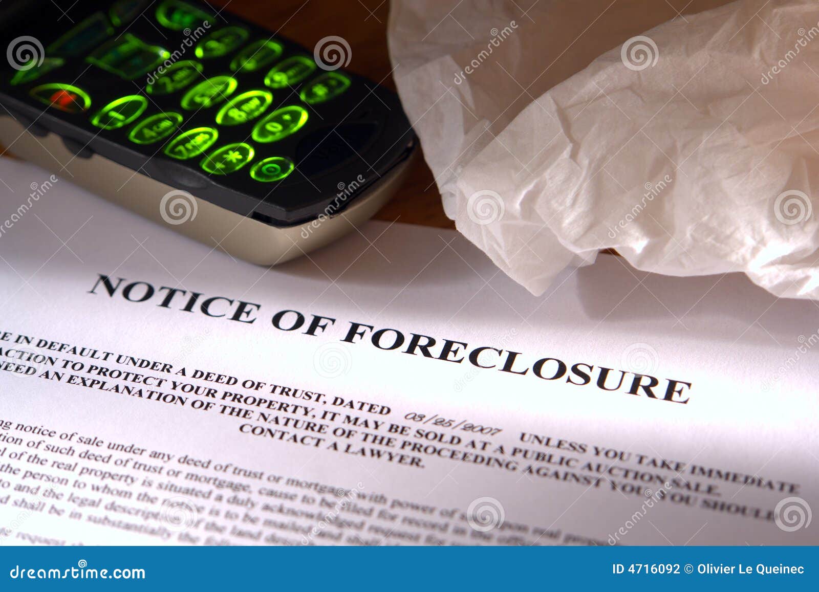 Real Estate Foreclosure Notice with Facial Tissue Stock Photo - Image ...