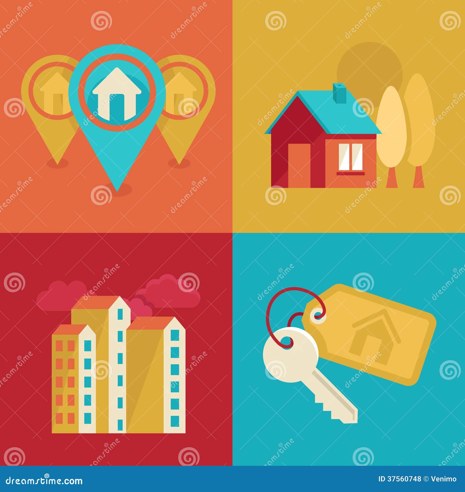 Real Estate Icons in Flat Style Stock Vector - Illustration of city ...