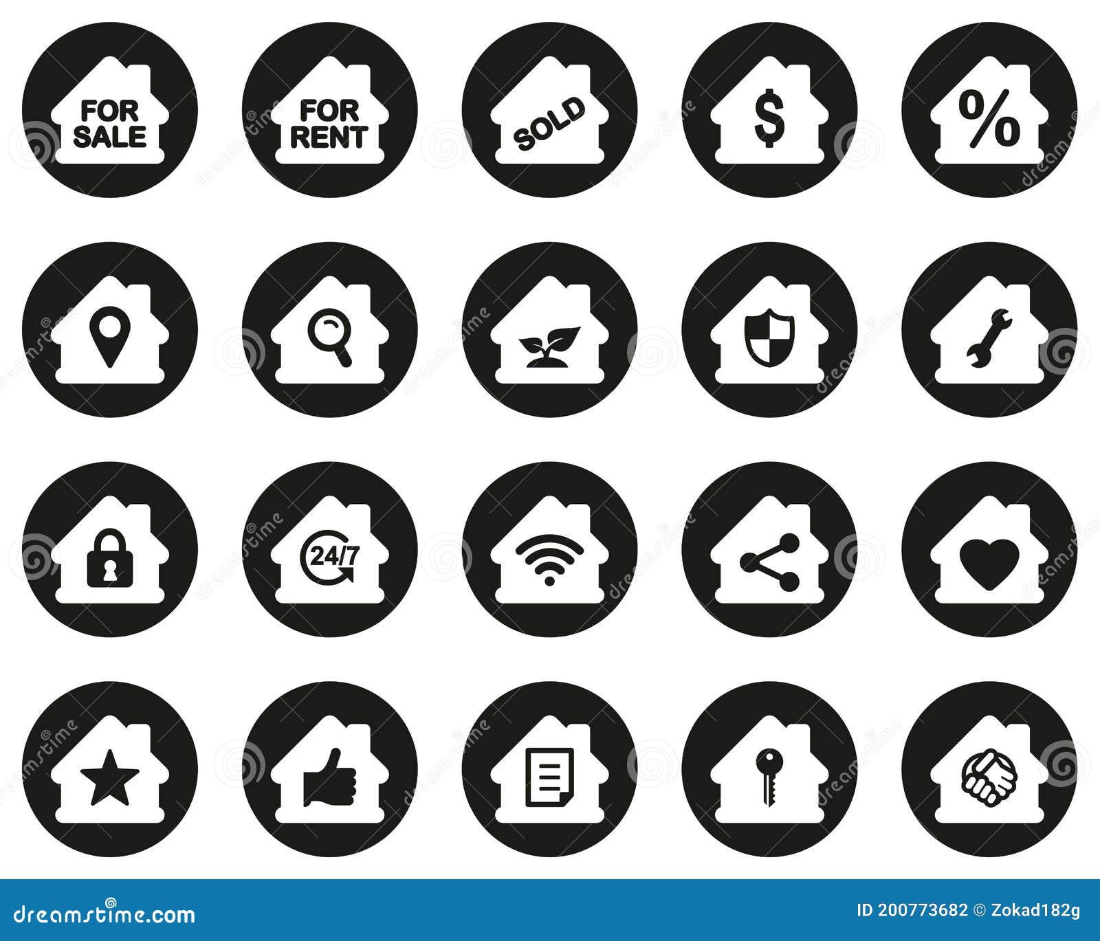 Real Estate Icons White on Black Flat Design Circle Set Big Stock ...