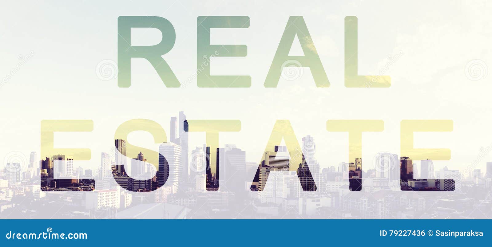 Real Estate Text with Panoramic City Aerial View Background Stock Photo ...