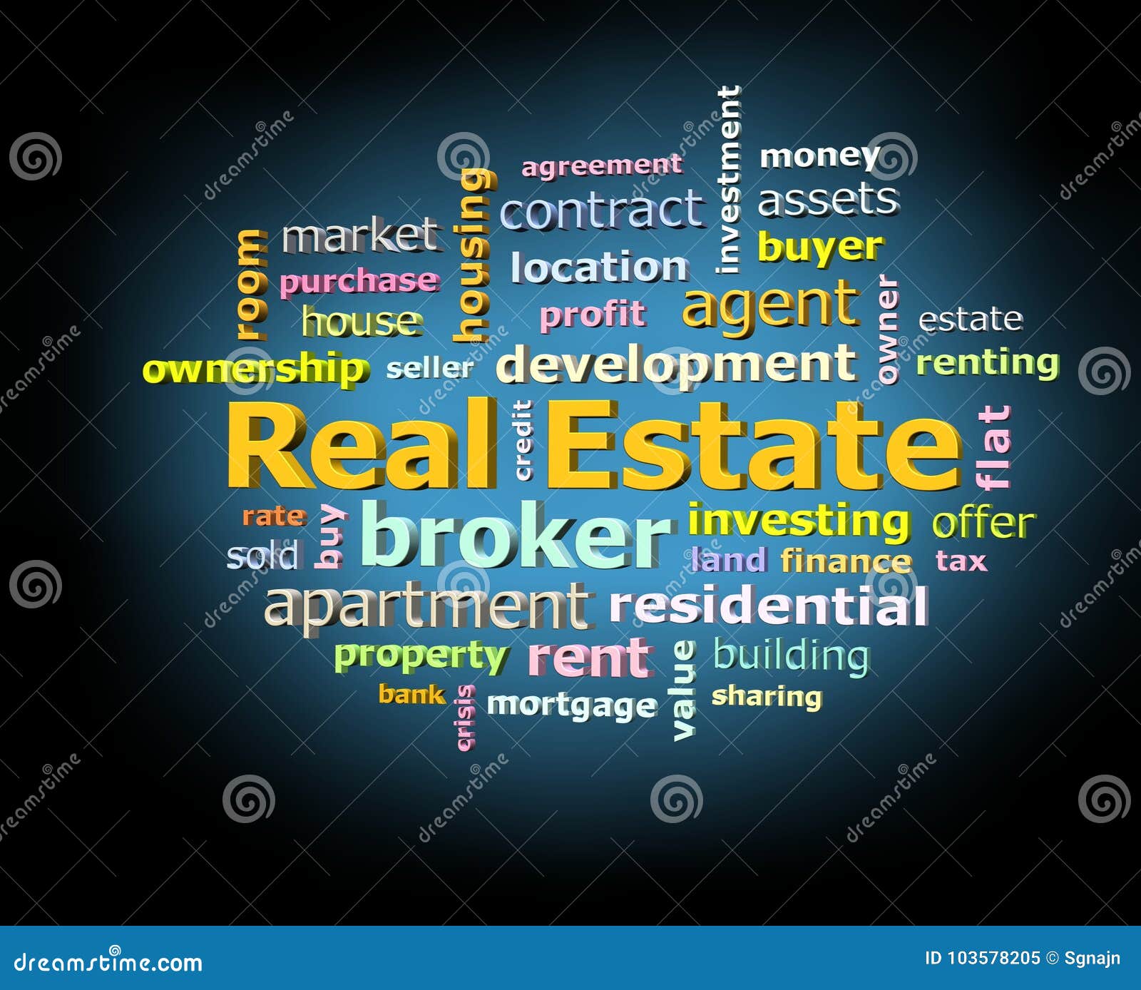 Real Estate Word Cloud on Black Background with Blue Glowing Light ...