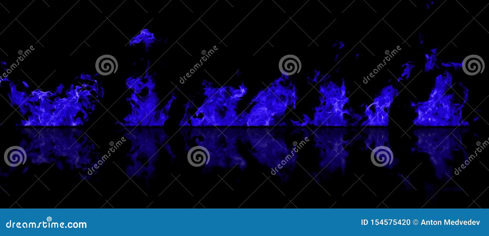 Real Fire Flames of Blue Color with Reflection Isolated on Black ...
