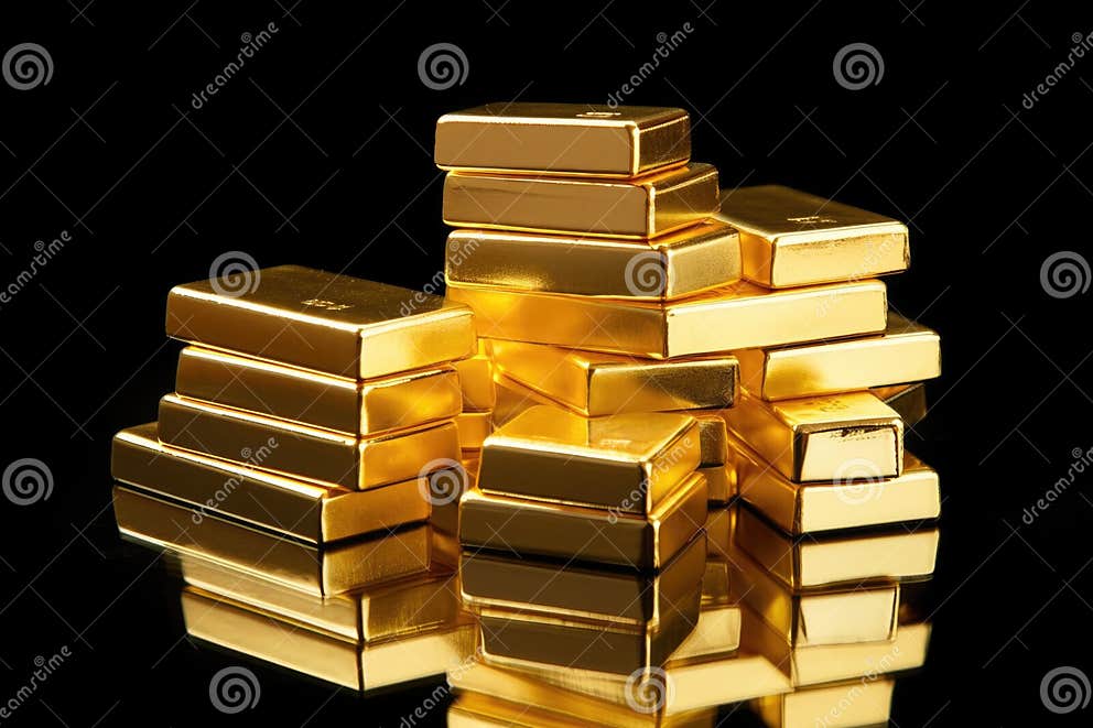 Real Gold Bars Stacked on a Mirrored Surface Stock Photo - Image of ...