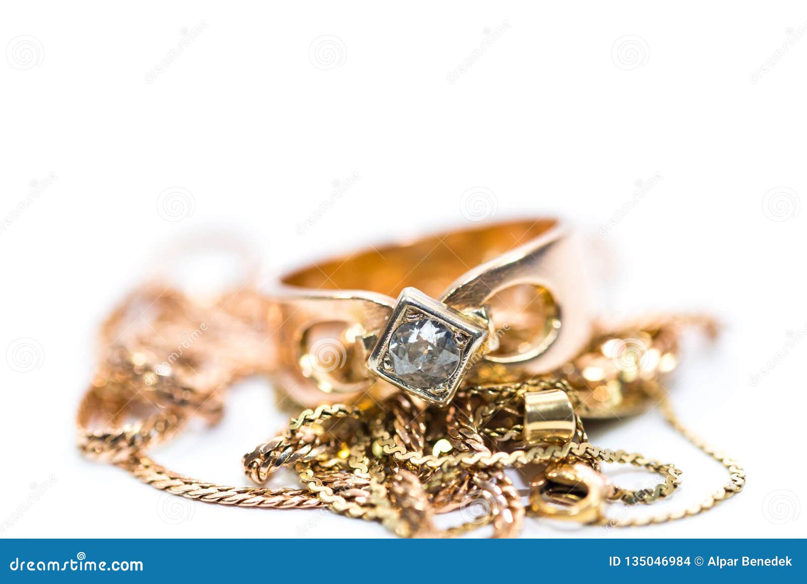 Real Gold Ring with Diamond on Gold Chain Close Up Macro Shot Stock ...
