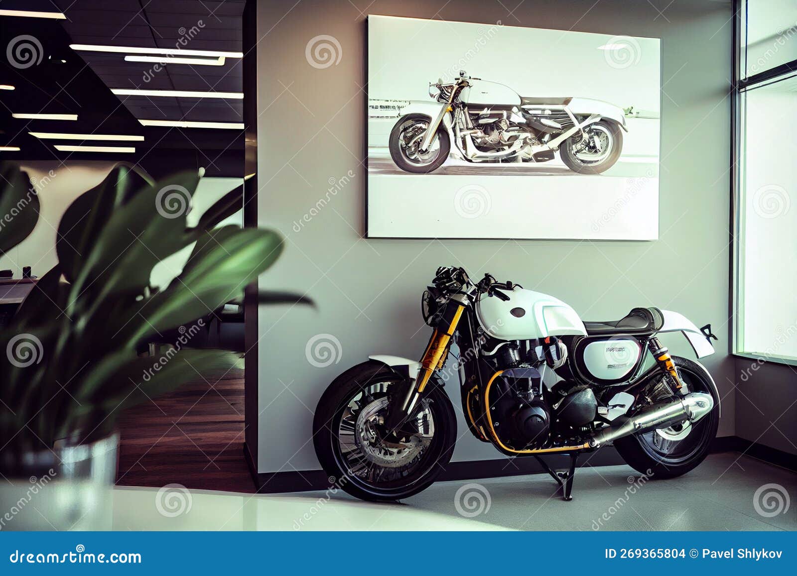 A Real Motorcycle in the Interior of a Modern Bright Office. Original ...