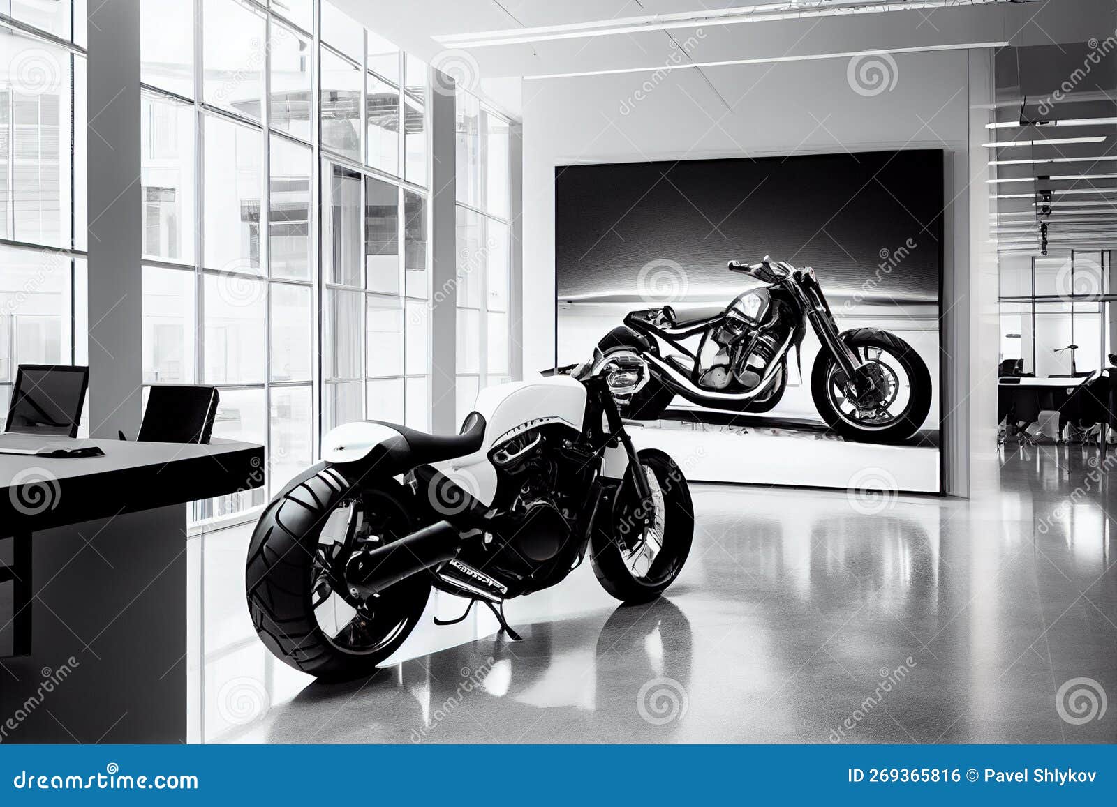 A Real Motorcycle in the Interior of a Modern Bright Office. Original ...