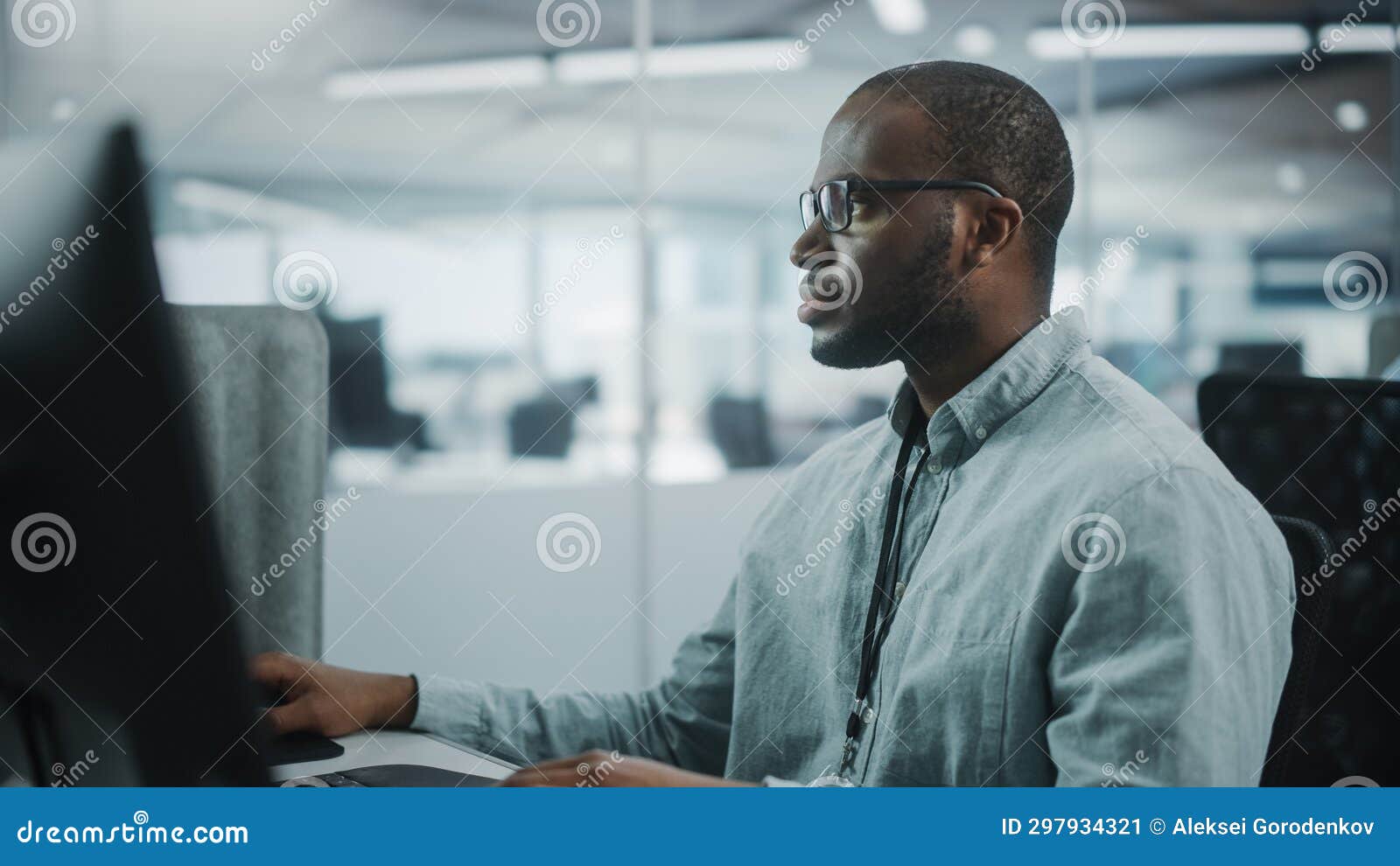 Real Office: Professional Black it Programmer Working on Desktop ...