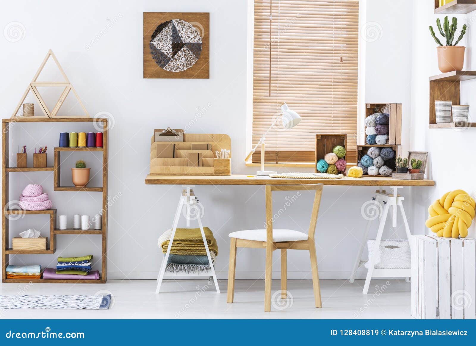 Creative Room Interior with a Desk, Threads, Knitting Wool and Graphic ...