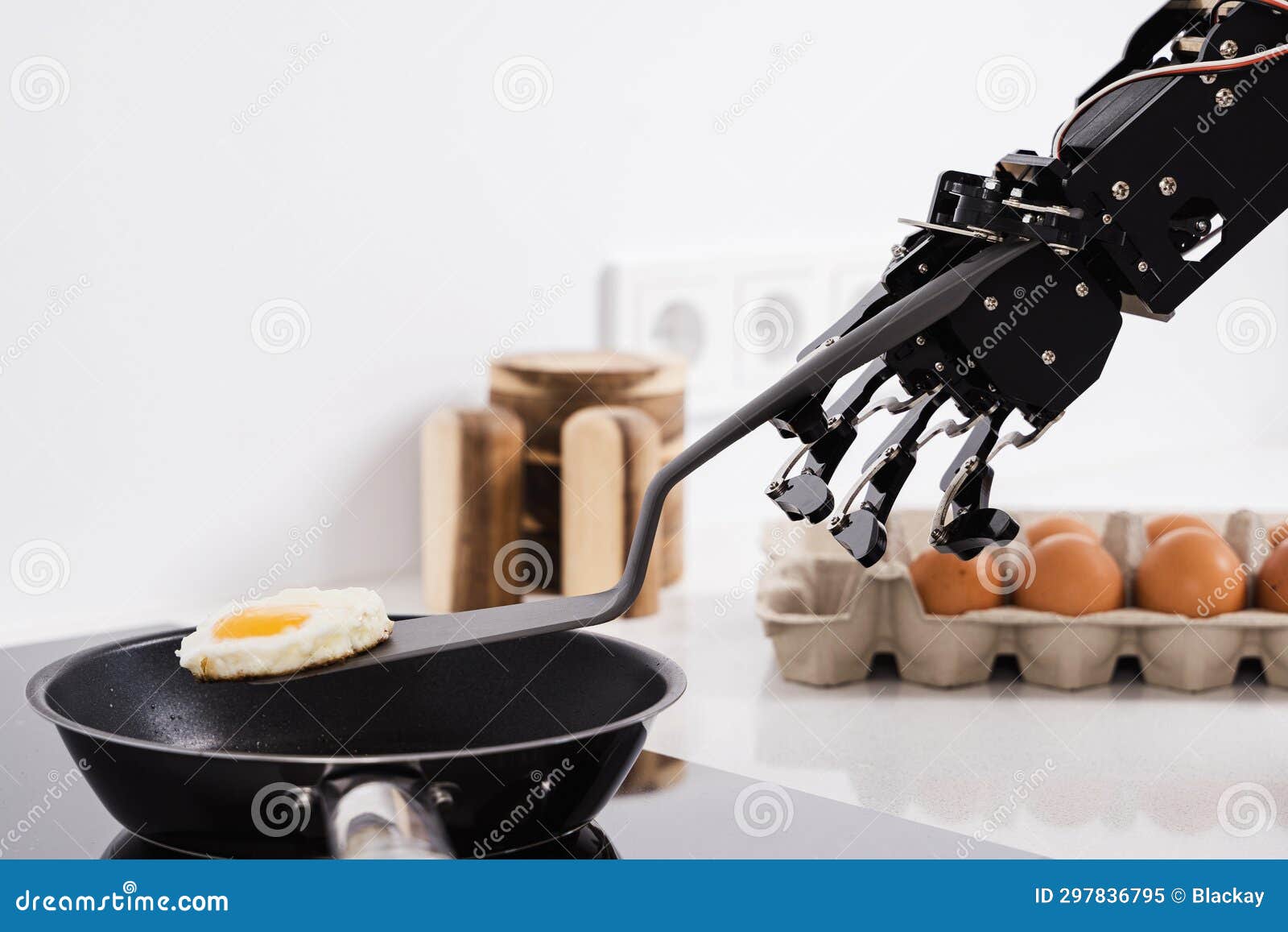 Real Robot Hand and Frying Pan with Fried Egg. Concepts of AI ...