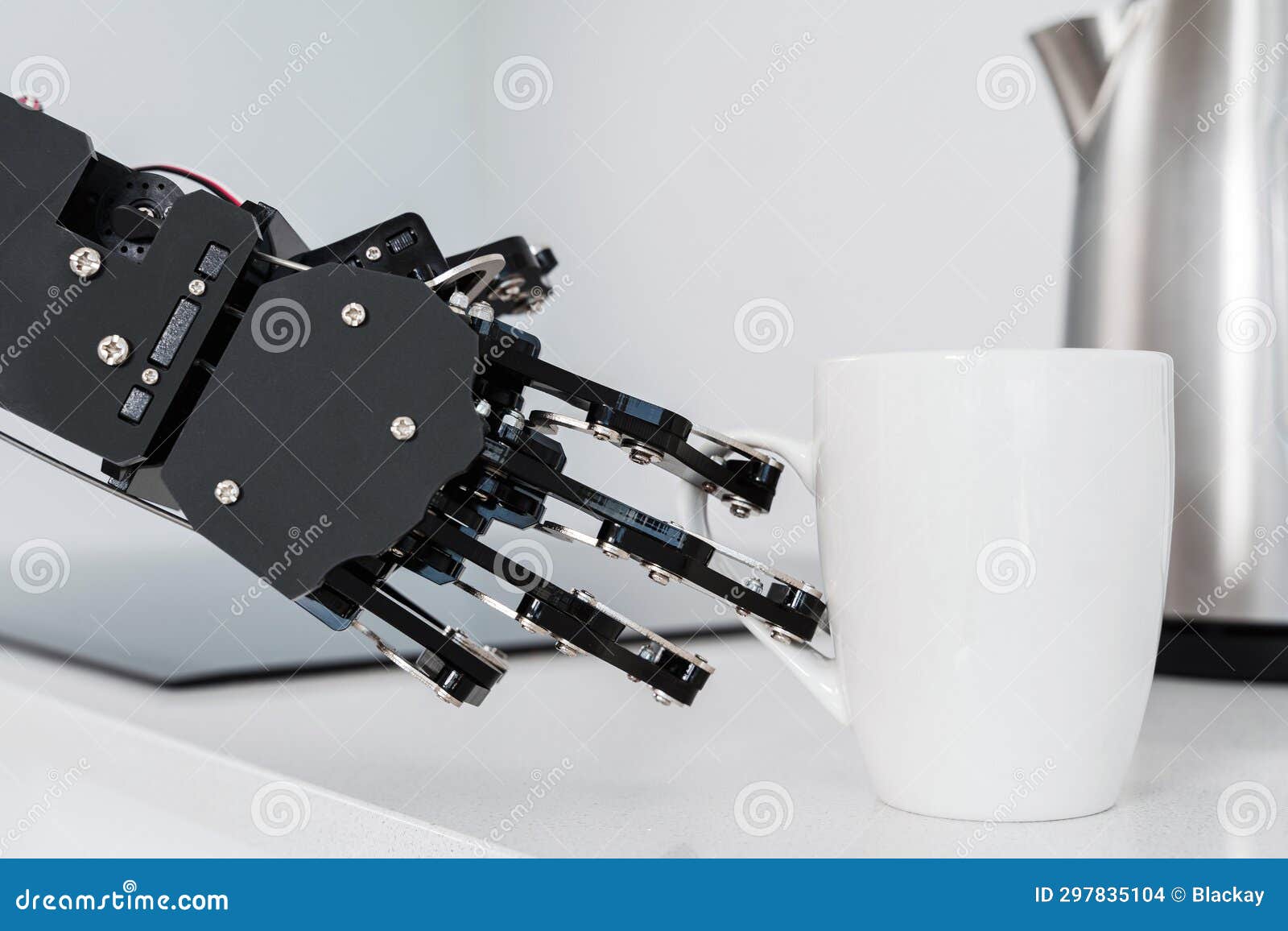 Real Robot Hand and White Cup of Coffee. Concept of Robotic Process ...