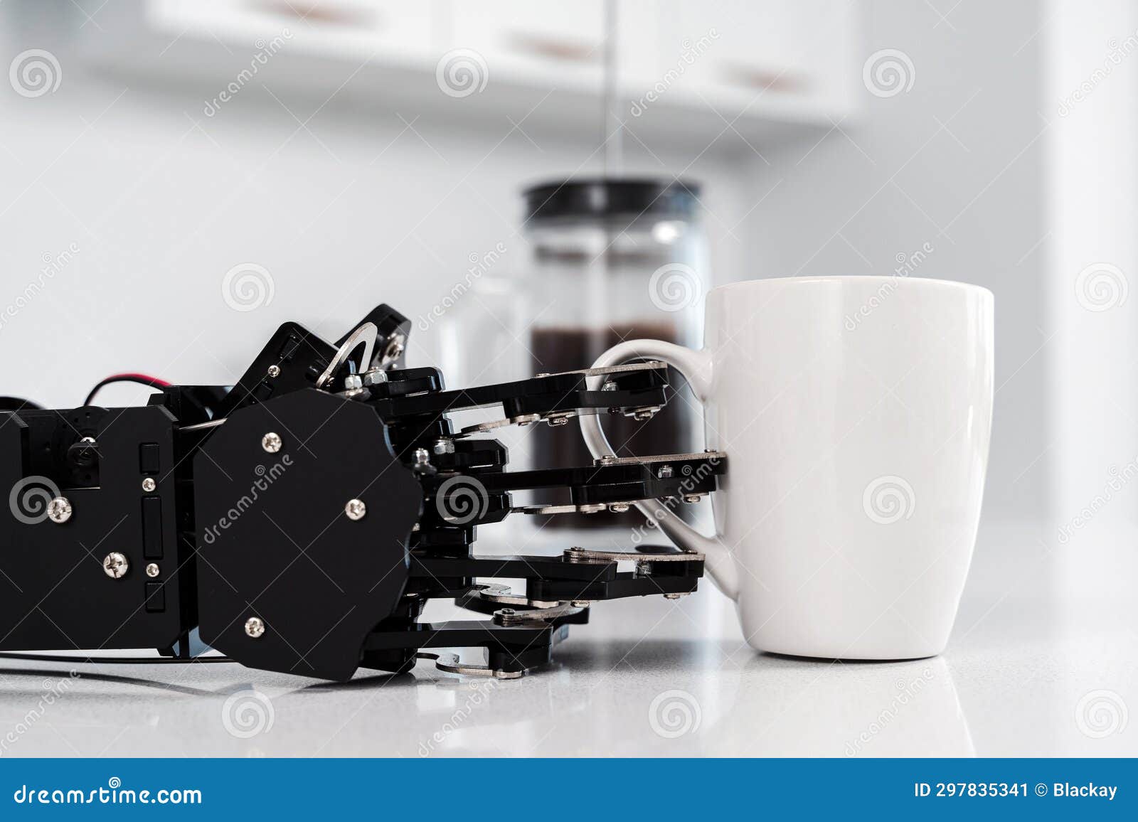 Real Robot Hand and White Cup of Coffee. Concept of Robotic Process ...