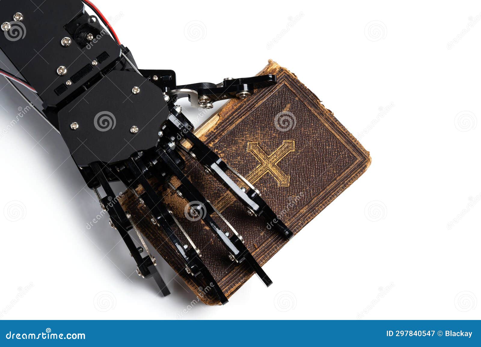 Real Robot S Hand with Ancient Bible Book. Concepts of Artificial ...