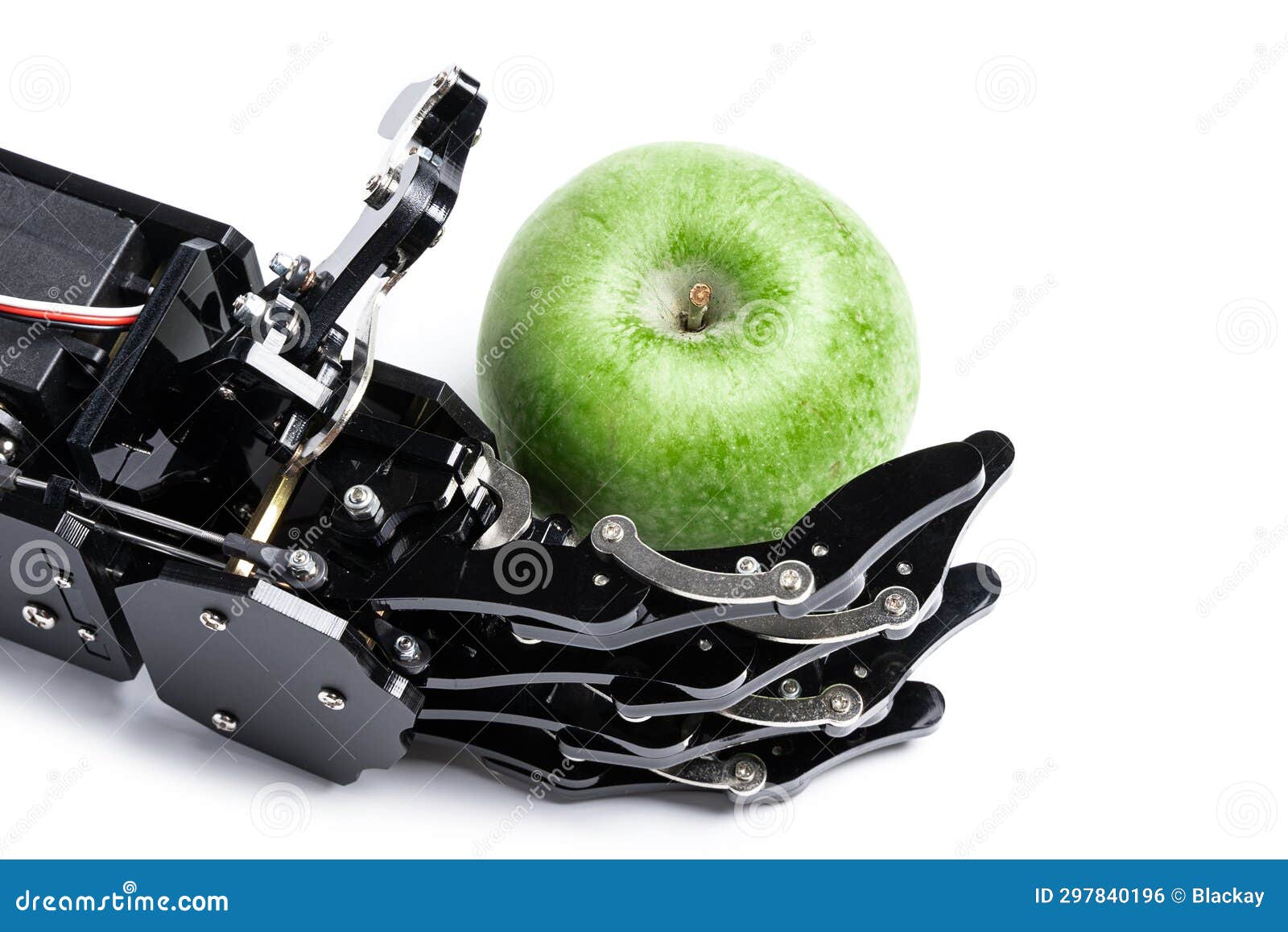 Real Robot S Hand with Green Apple. Concept of Artificial Intelligence ...