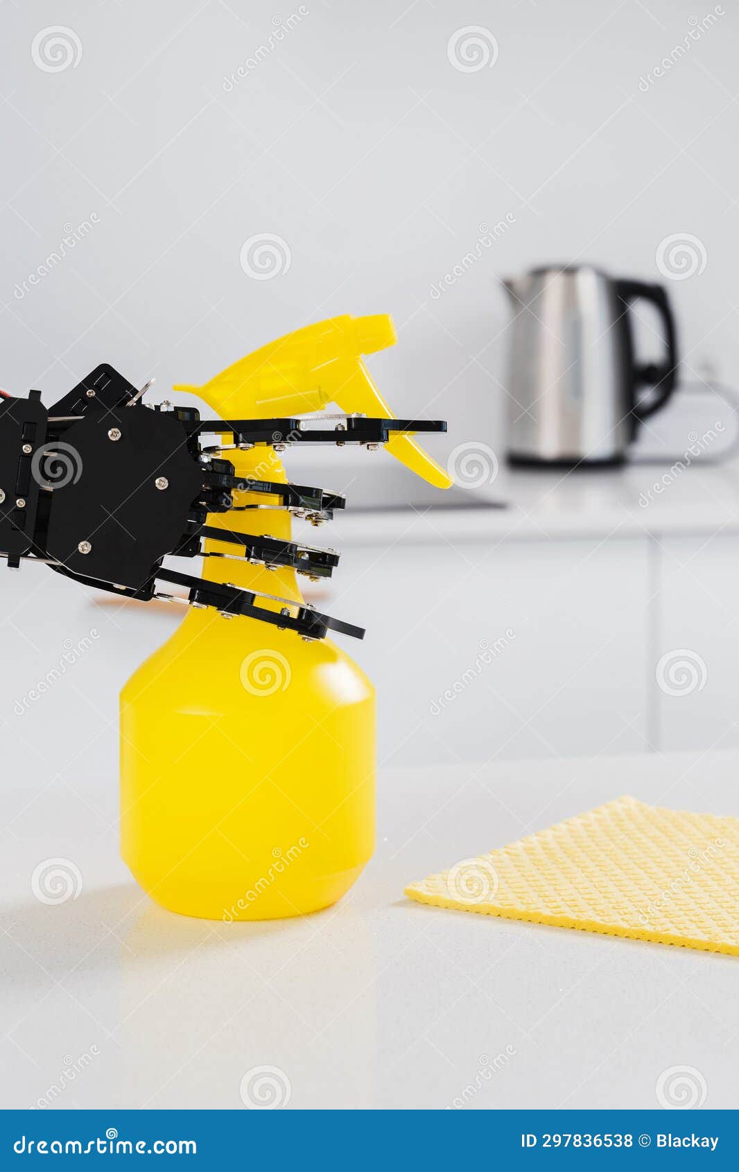 Real Robot S Hand with Spray Cleaner in White Kitchen. Concept of ...
