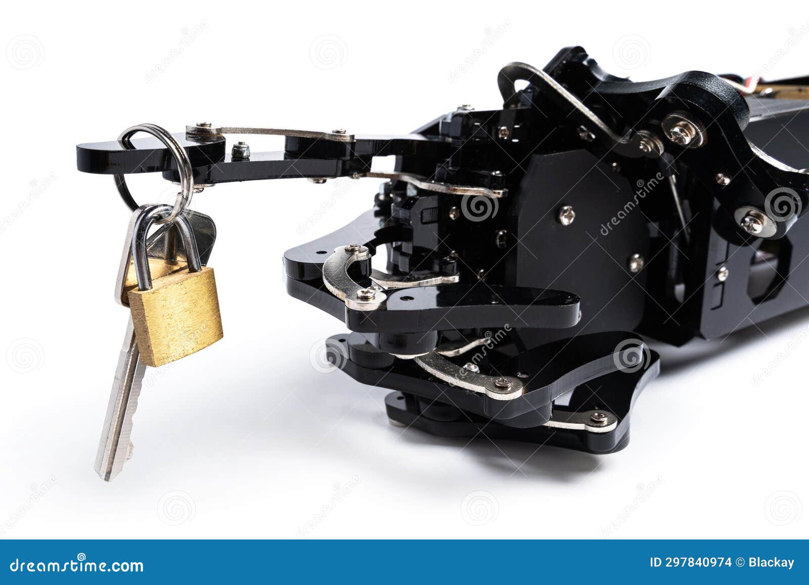 Real Robotic Hand and Key with Padlock. Concept of Encryption and Data ...