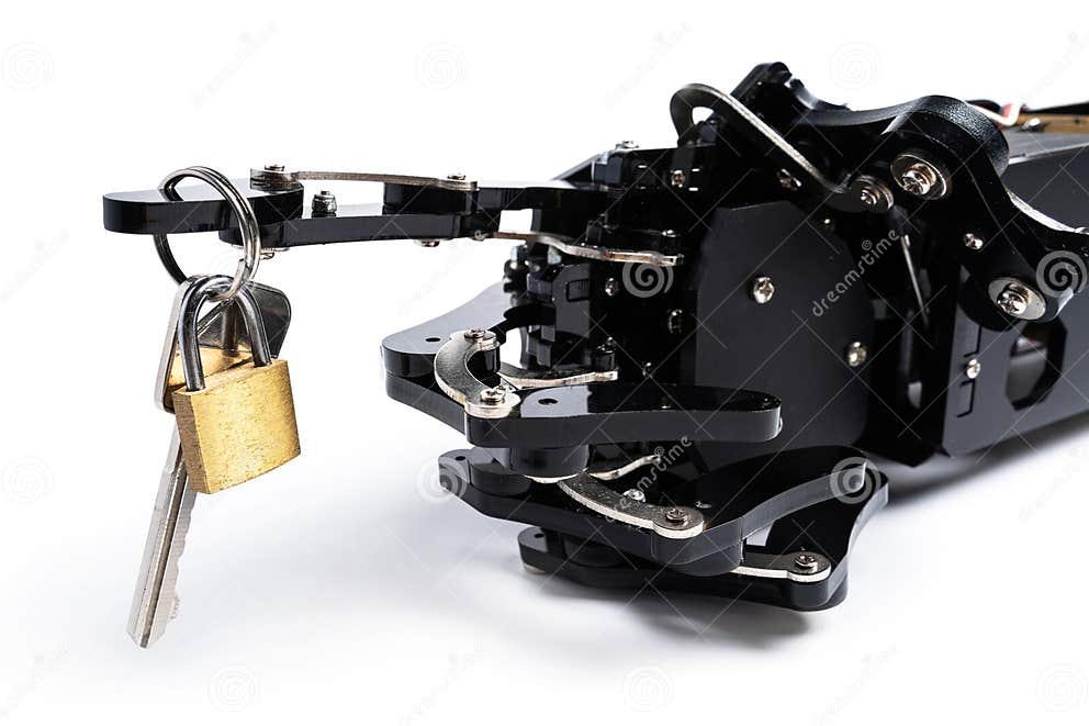 Real Robotic Hand and Key with Padlock. Concept of Encryption and Data ...