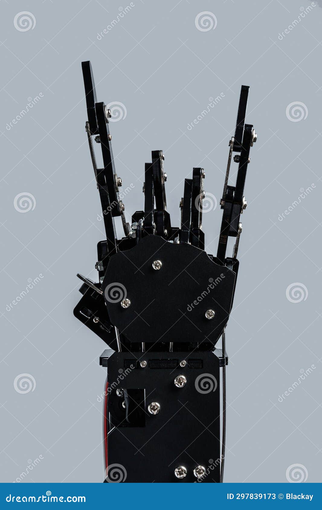 Real Robotic Hand Makes the Sign of the Horns Against Grey Background ...