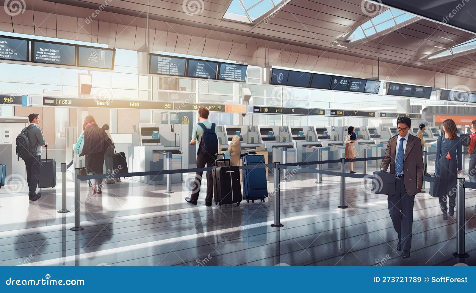 Realistic Airport and Passengers Getting Their Check-in in Progress ...