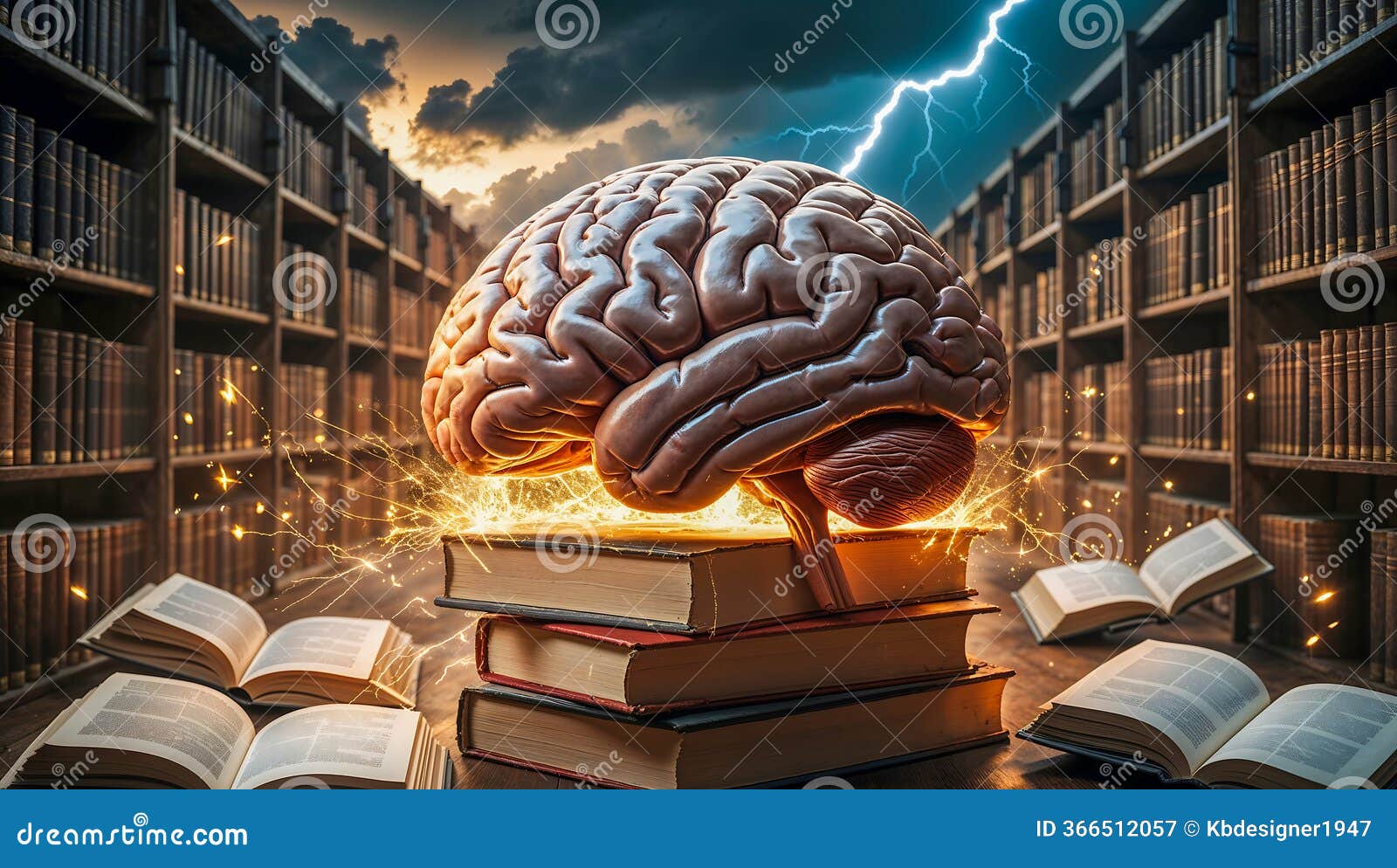 Realistic Anatomically Detailed Brain On Stack Of Books With Intricate ...
