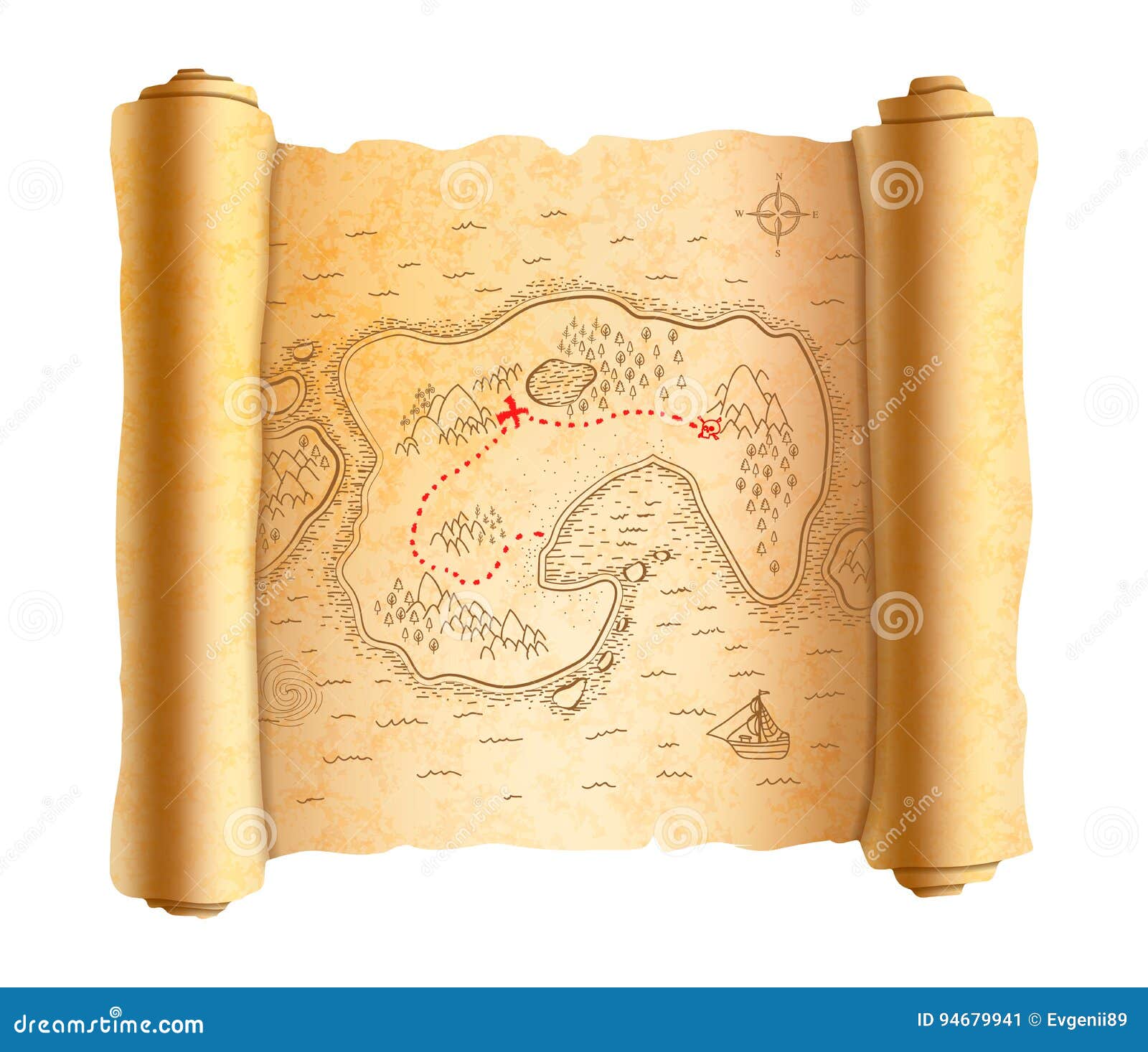 Realistic Ancient Pirate Map of Island on Old Scroll with Red Path To ...