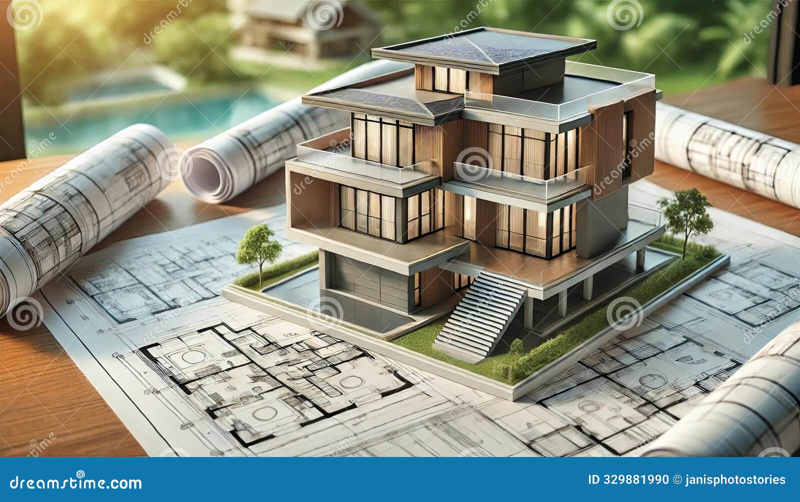 Realistic Architectural Model on Blueprints, Modern House Design, Real ...
