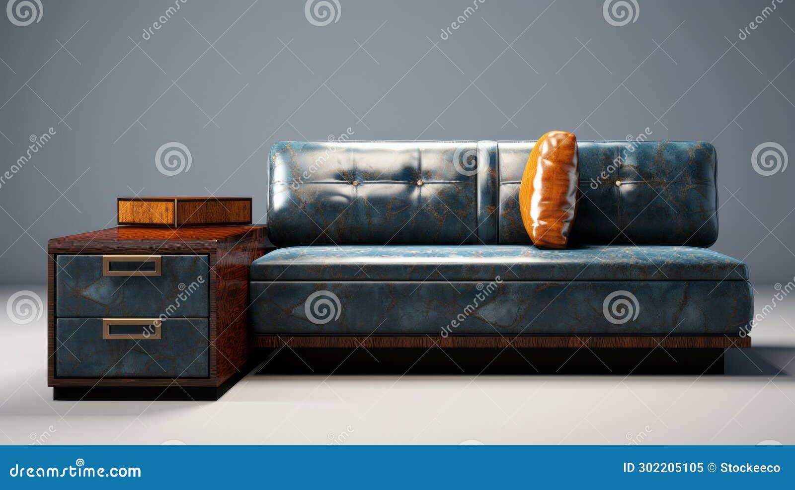 Realistic Art Deco Blue Leather Couch with Detailed Textures and ...