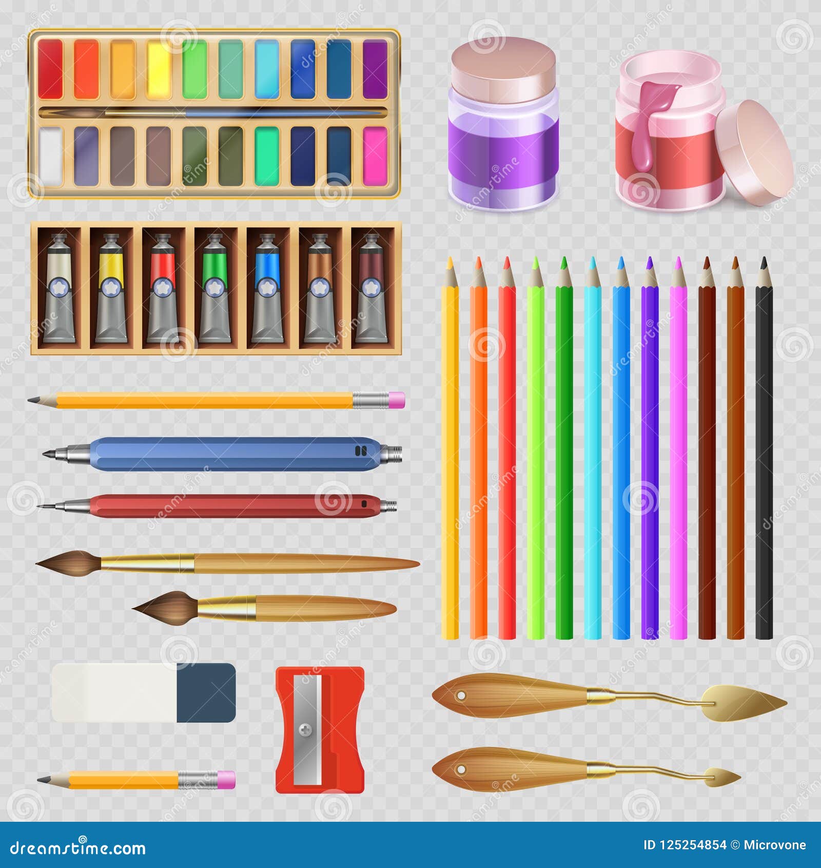 Realistic Artistic Tools Isolated on Transparent Background Stock ...