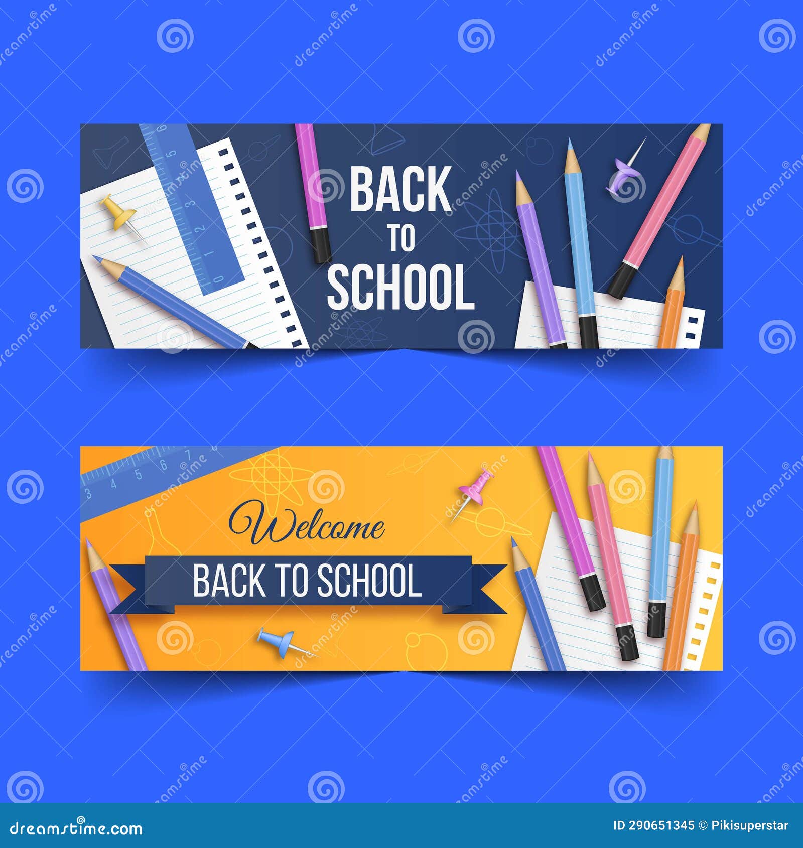 Realistic Back School Banners Set Vector Design Illustration Stock ...