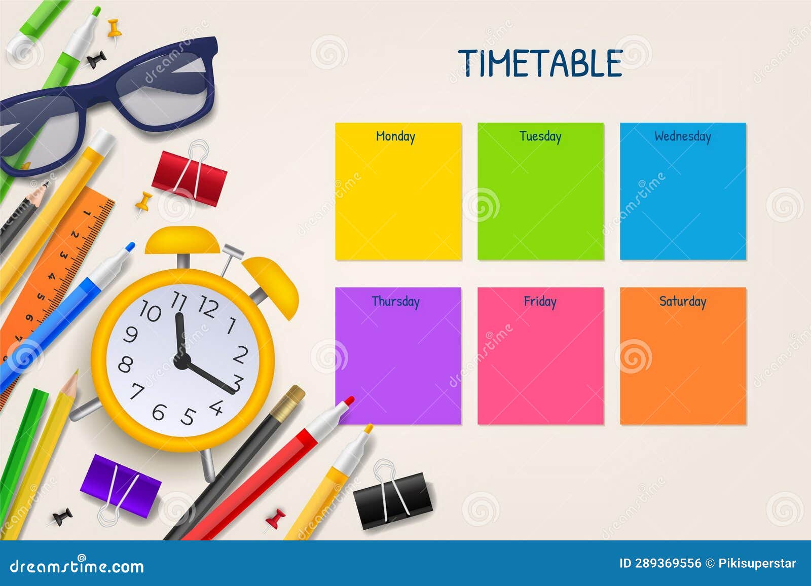 Realistic Back School Vector Design Timetable Template Stock Vector ...