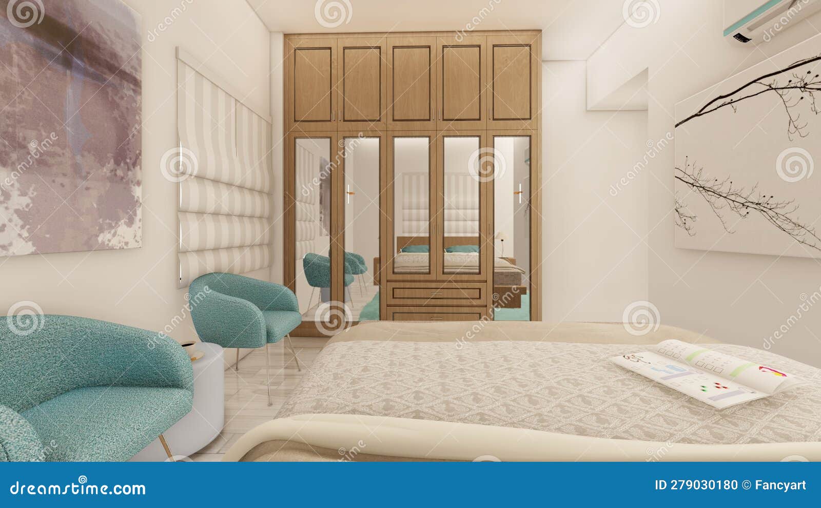 Realistic Bedroom One Point Perspective Stock Illustration ...