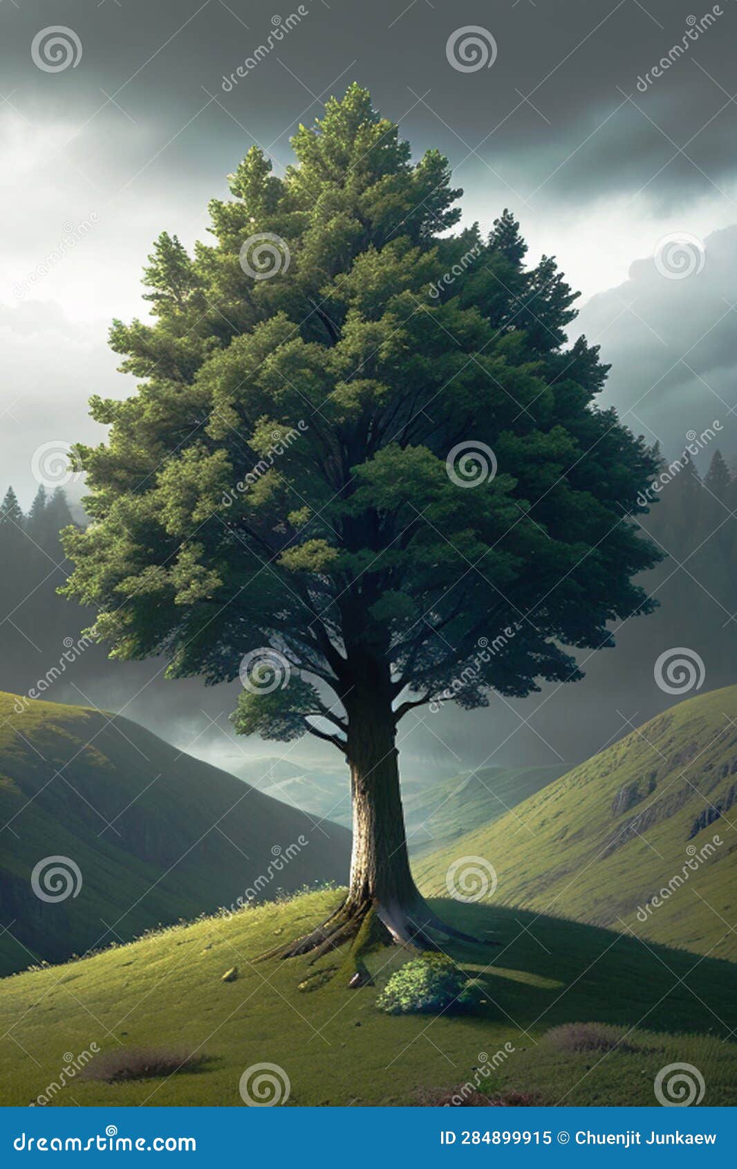 A Realistic Big Tree in the Mountain, Generative AI Stock Illustration ...